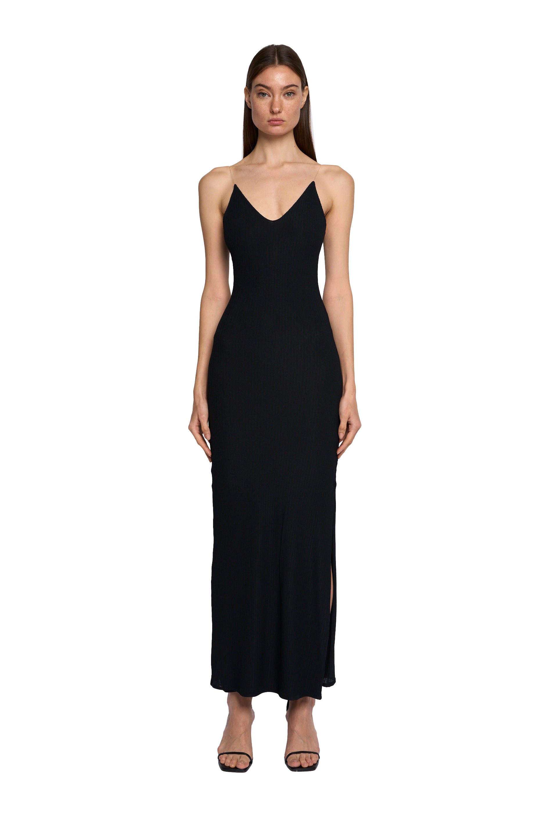 V-Neck with Transparent Straps Straight Dress